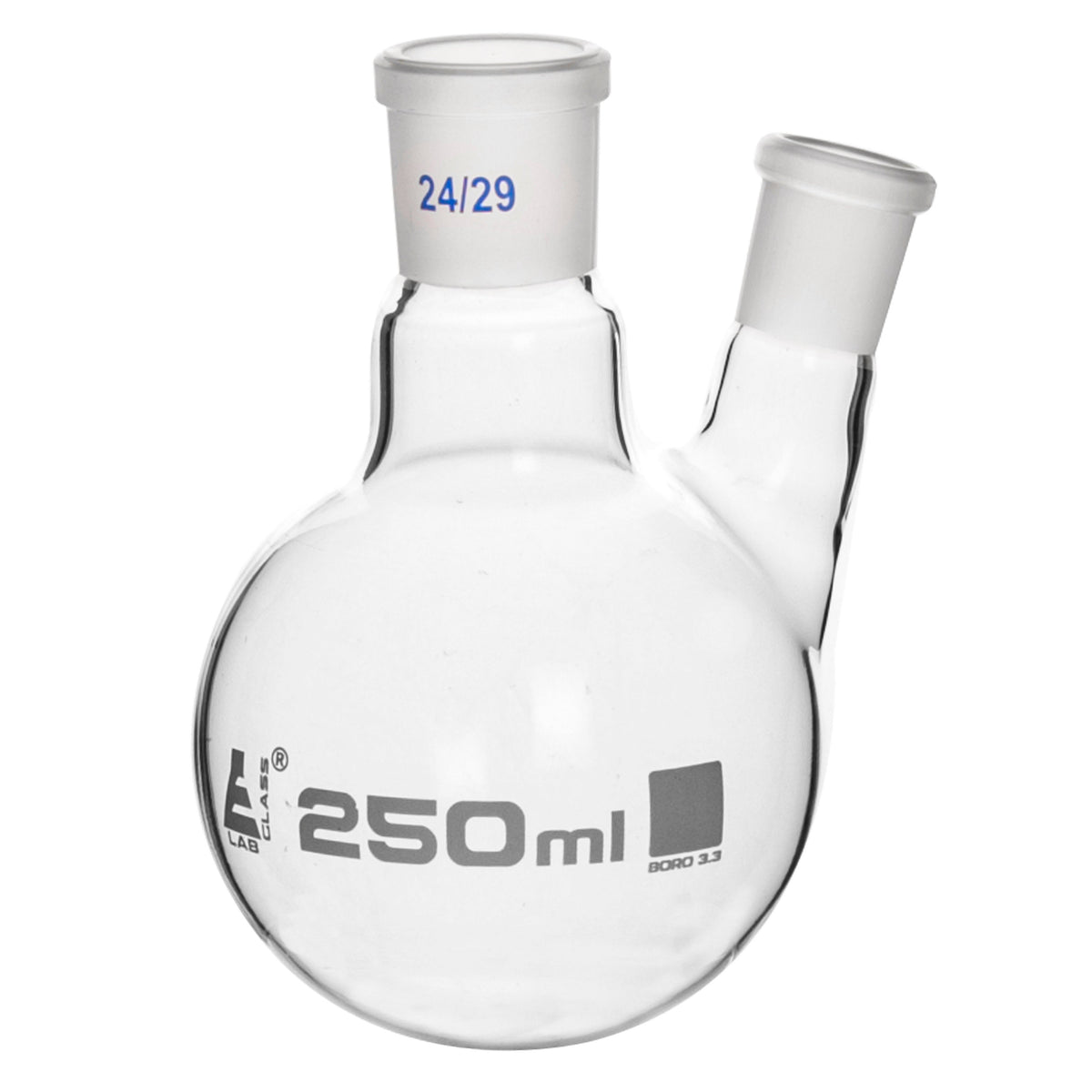 Borosilicate Glass 2 Neck Distillation Flask, 250ml, 24/29 Oblique Nec ...